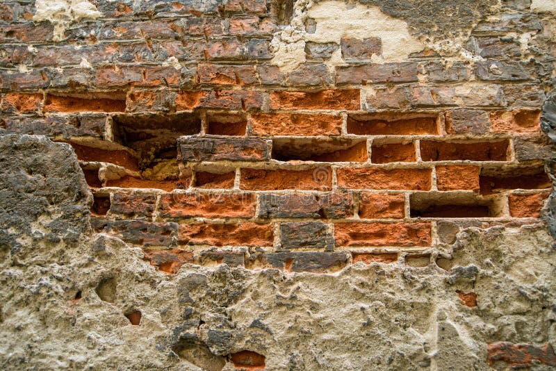 Old Red Brick Wall with Crumbled Bricks, Cracked Concrete, Erosion Big ...