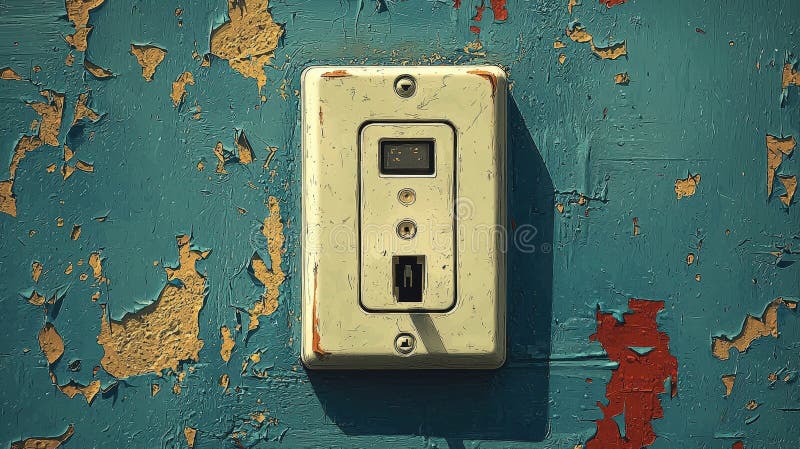 Old and Worn Electrical Switch Plate on a Peeling Blue Wall with ...