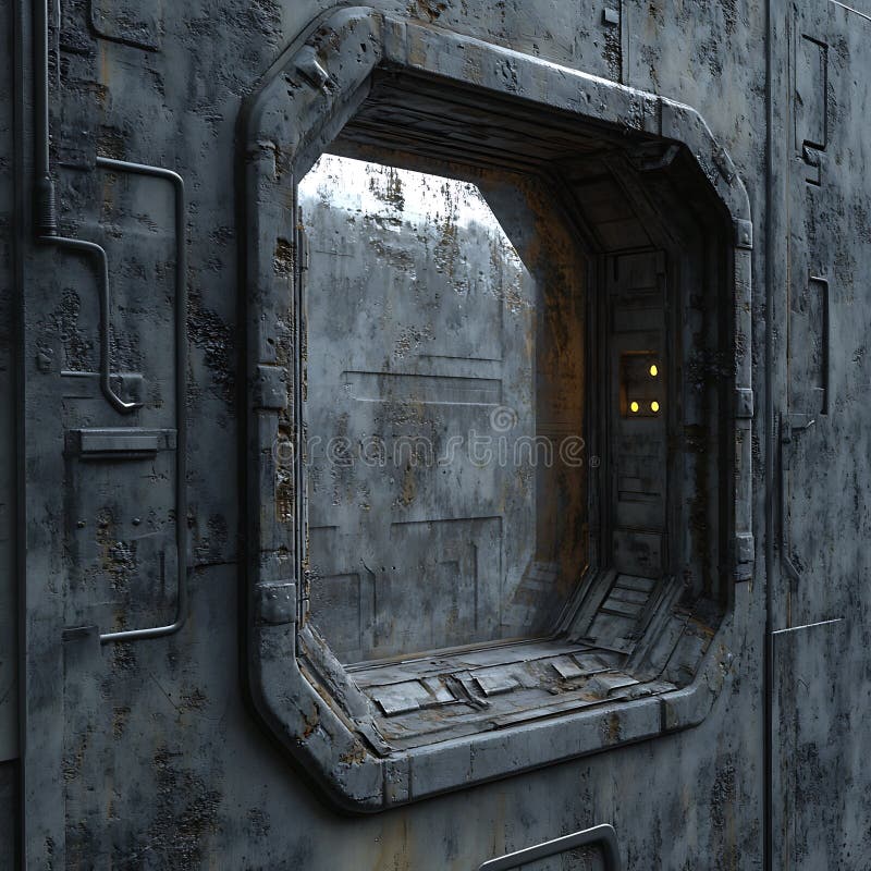 Old, Worn Metal Wall with a Square Window Opening Stock Illustration ...