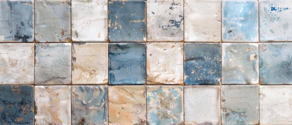 An Old, Worn Mosaic of Rectangular Ceramic Tiles Featuring a Range of ...