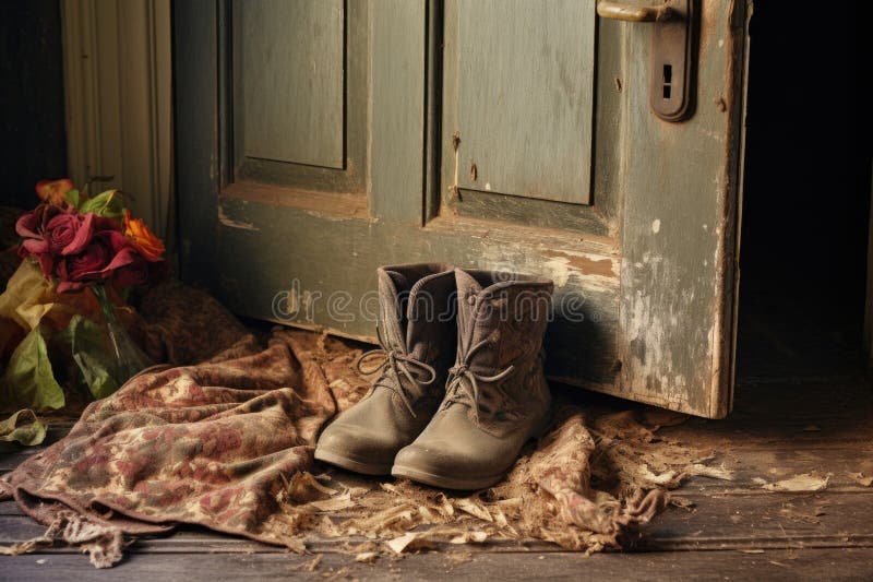 Old, Worn Out Boots with Mud on a Simple Door Mat Stock Image - Image ...