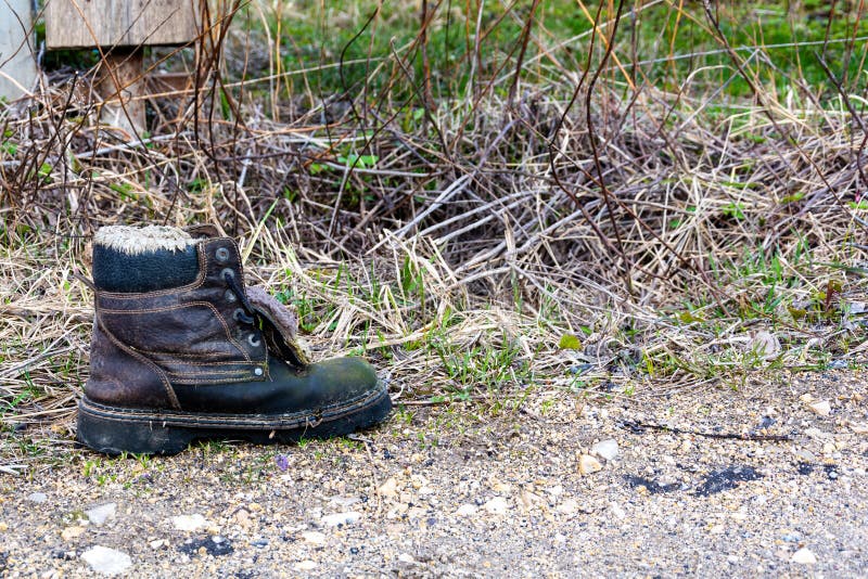Old Worn Out Leather Shoe Outdoors. Stock Image - Image of damage ...