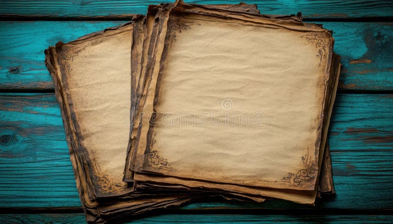 Old Worn Paper Sheets Stacked on a Rustic Wooden Table with a Vintage ...