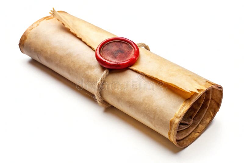 Old Worn Parchment Scroll with Red Wax Seal Isolated on White Stock ...