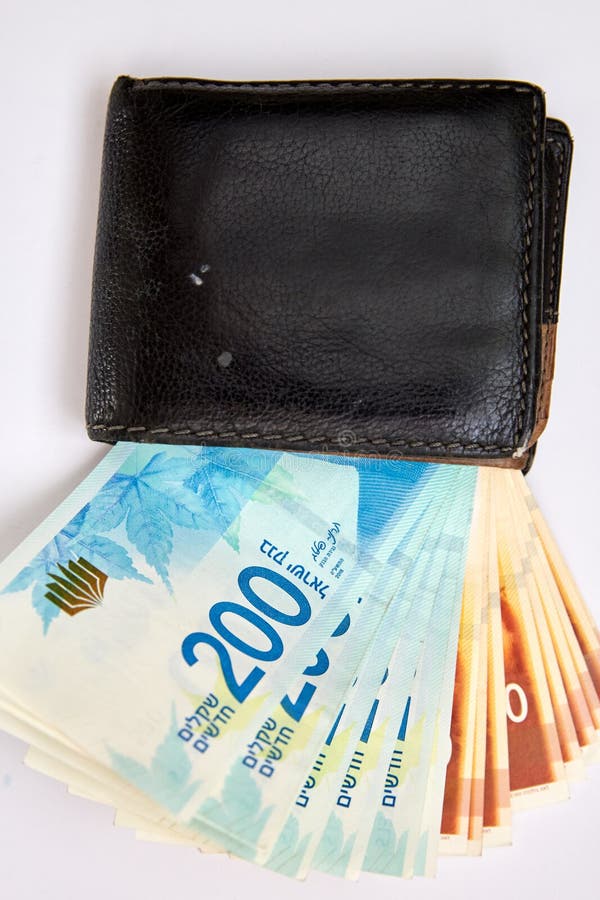 Old Worn Wallet with 200 Shekel Bill Isolated on White Stock Photo ...