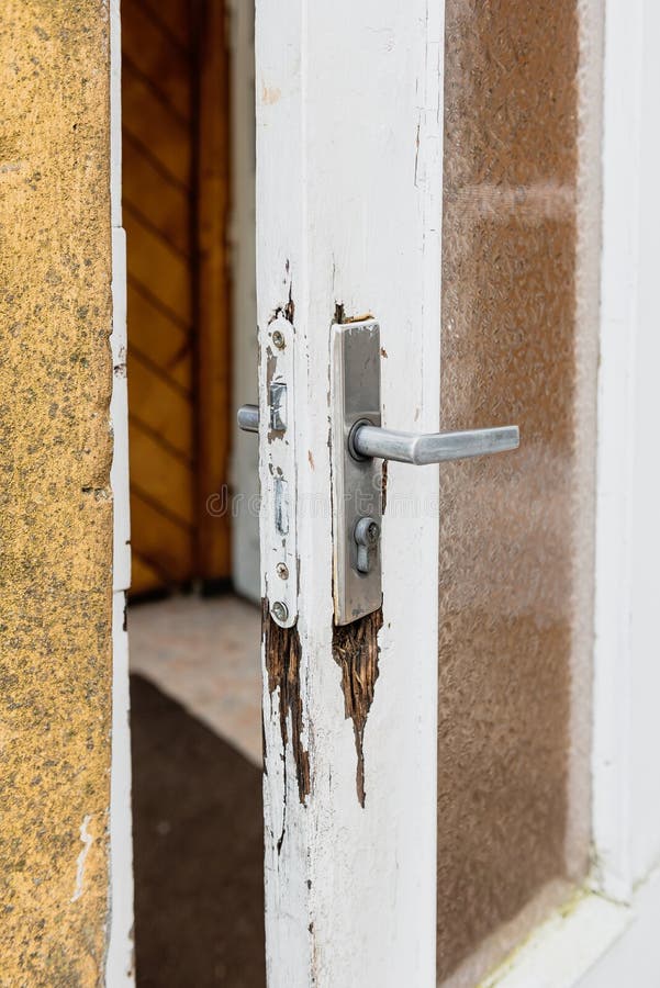 Old Worn White Wooden Door with Handle and Glass Stock Photo - Image of ...