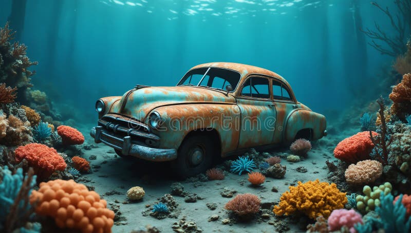 Old Wreck of a Rusty 1950s Car on the Ocean Floor Stock Illustration ...