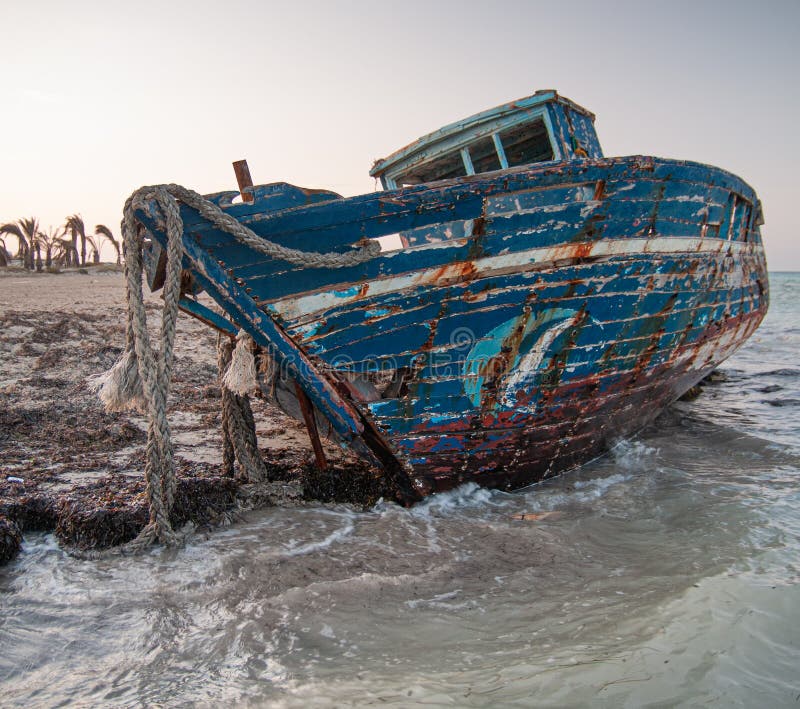 Old Wrecked Boat on the Beach Stock Image - Image of cord, anchor ...