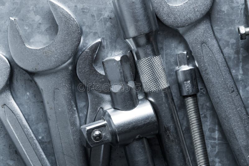 Old Wrench and Tools and Engine Spare Parts Stock Photo - Image of ...