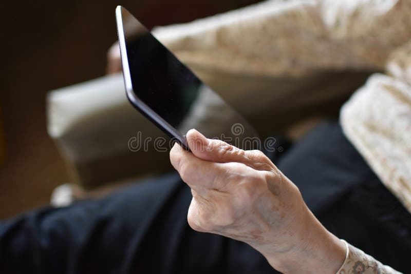 Old Wrinkled Hand Holding Tablet Stock Image - Image of business ...