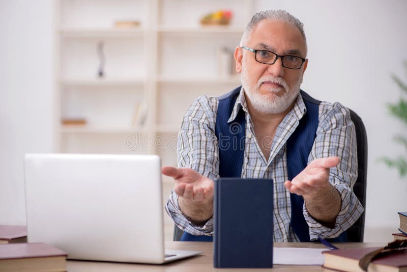 Old Male Writer Sitting at Workplace Stock Image - Image of author ...