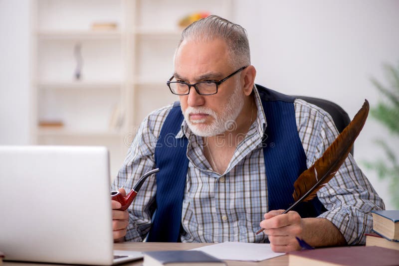Old Male Writer Sitting at Workplace Stock Image - Image of computer ...