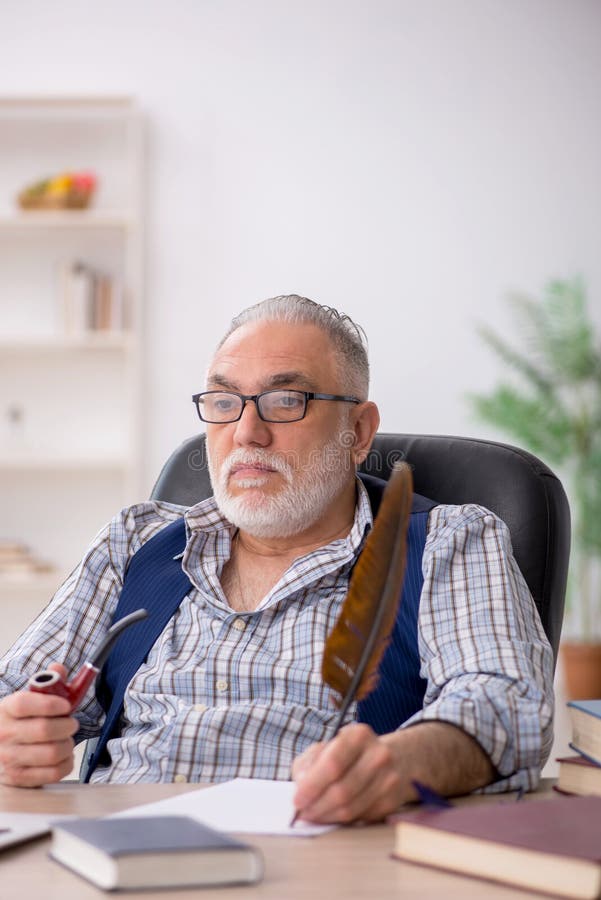 Old Male Writer Sitting at Workplace Stock Photo - Image of internet ...