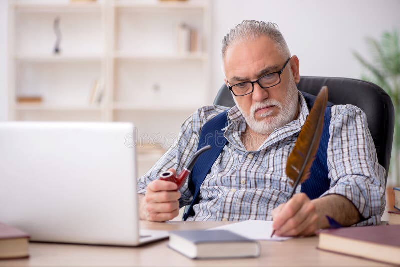 Old Male Writer Sitting at Workplace Stock Image - Image of enjoying ...