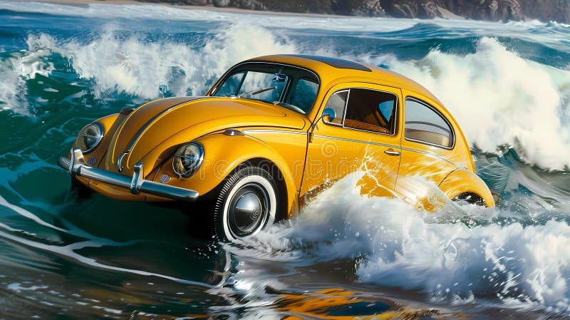 Old Yellow Car on the Sea Waves, Retro Car in the Sea, Generative AI ...