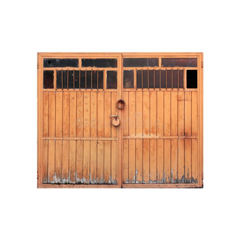 Old Yellow Wooden Garage Gate with Padlock Isolated Stock Photo - Image ...