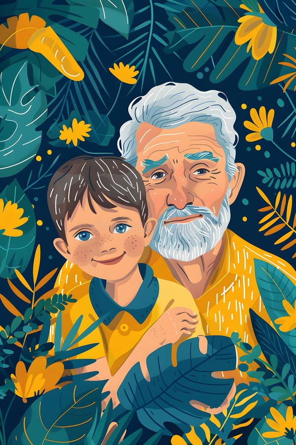 Old and Young: Grandfather and Child Postcard Design Stock Illustration ...