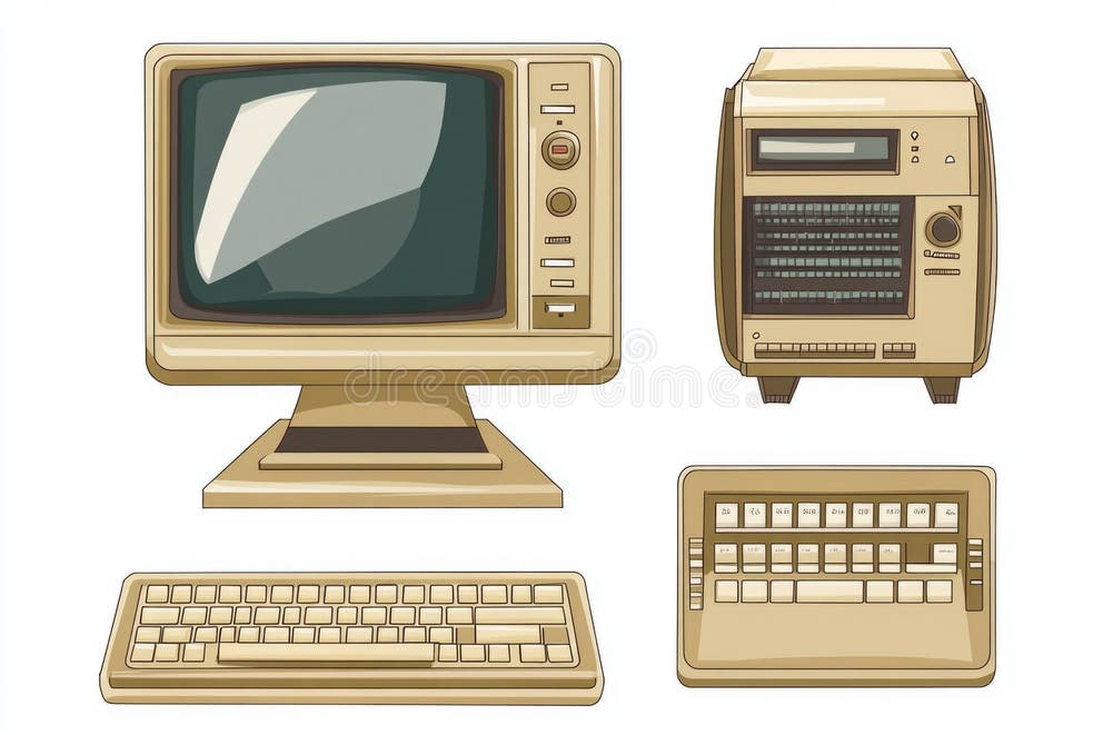 An Older Computer Setup with a Keyboard and Monitor Stock Photo - Image ...