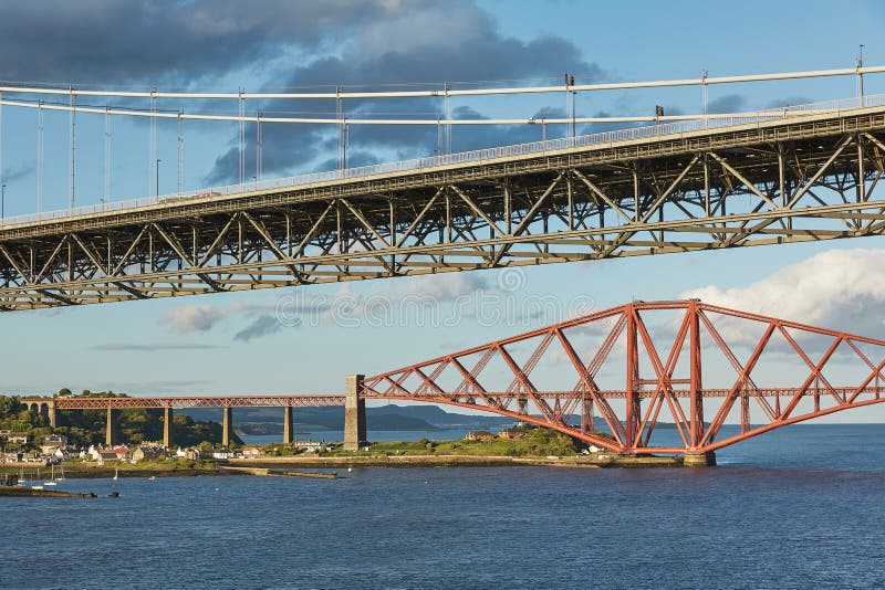 Older Forth Road Bridge and the Iconic Forth Rail Bridge in Edinburgh ...