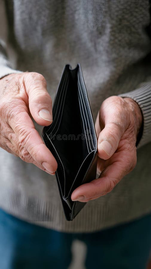 Older Hands Holding Textured Empty Wallet, Highlighting Wrinkles and ...