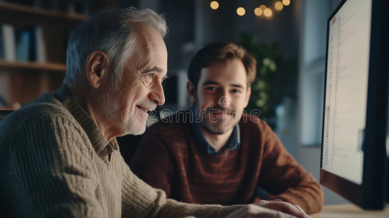 Older Man Learning Programming from a Young Developer, Both Smiling As ...