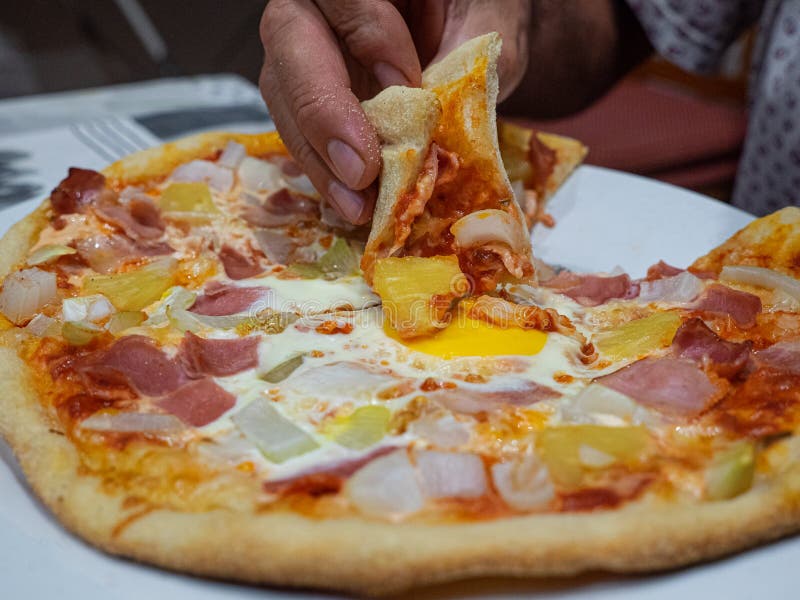 Older Man`s Hand Eating Pizza at Home Stock Photo - Image of fast ...