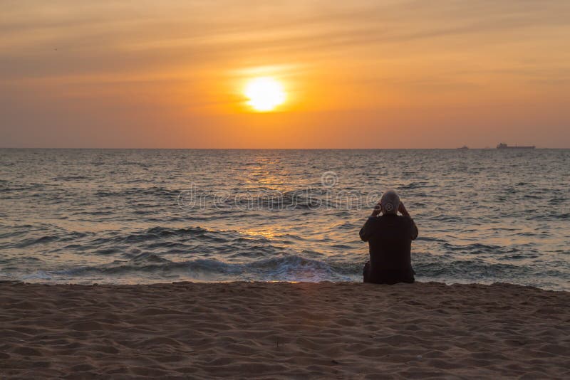 Older Man Watching at the Ocean Sunset Editorial Stock Image - Image of ...