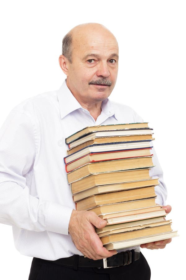 Older Man in a White Shirt Holding a Heavy Stack of Books Stock Image ...