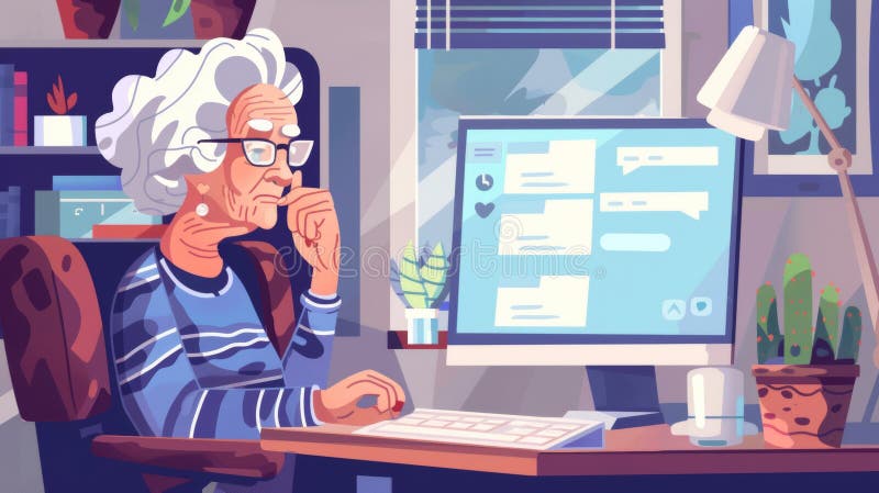 Older Woman Using Computer Software To Send Texts Via Messaging App ...