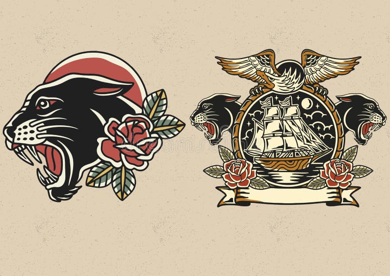 Old Skool Tattoo Flash Set Vector Illustration Poster Template Stock ...