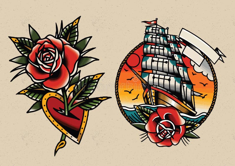 Old Skool Tattoo Flash Set Vector Illustration Poster Template Stock ...