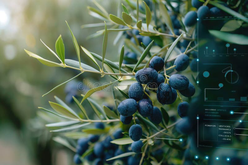 Olive Branch and Digital Olive Cultivation Technology Concept. Smart ...