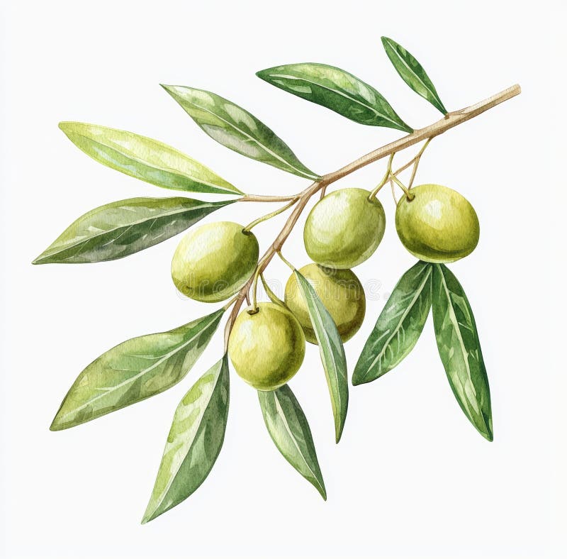 Olive Branch with Four Olives on a White Background in Watercolor Stock ...