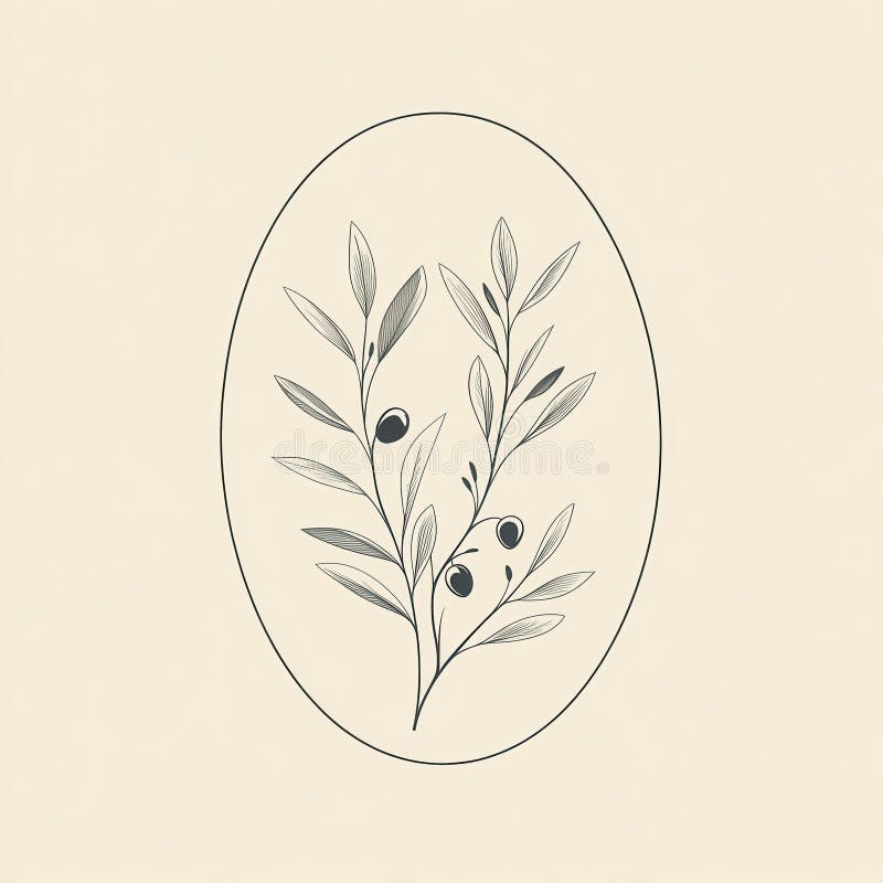 Olive Branch Minimalist Botanical Line Art Design Elegant Oval Frame ...