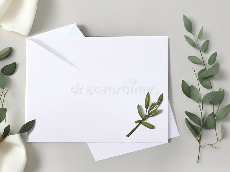 An Olive Branch and a Stack of Blank Invitation Cards on a White ...