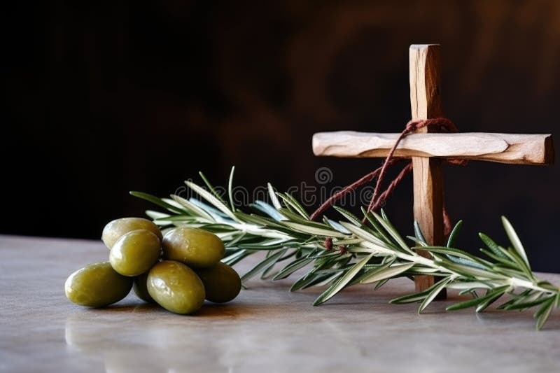 Olive Branch and Wooden Cross on a Stone Table Stock Image - Image of ...