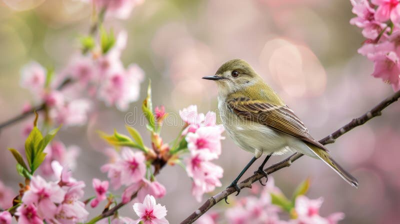 An Olive Flycatcher Bird Perched on a Spring Pink Cherry Blossom Branch ...
