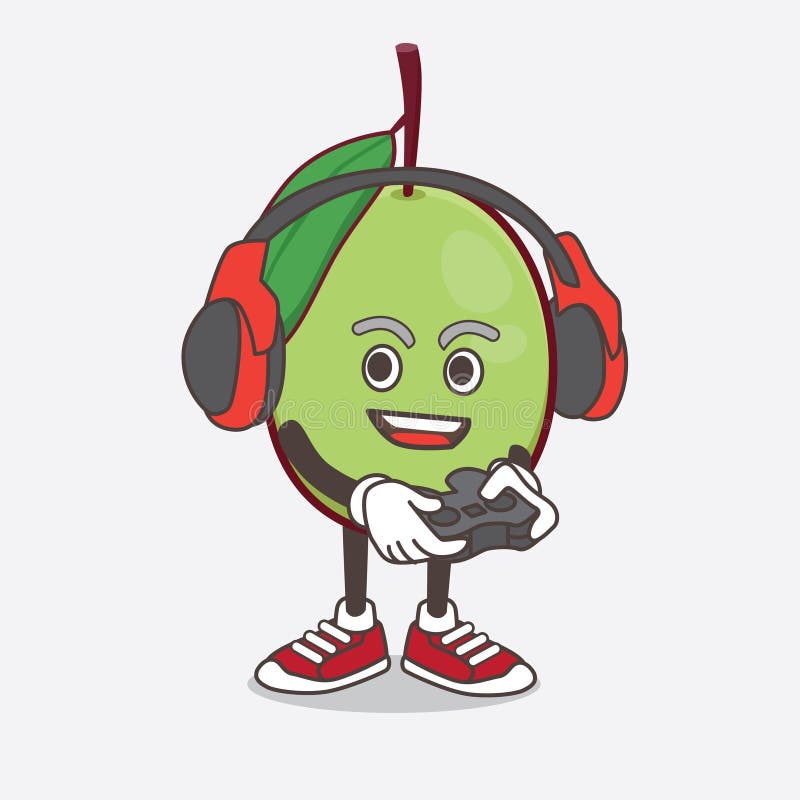 Olive Fruit Cartoon Mascot Character Play a Game with Headphone and ...