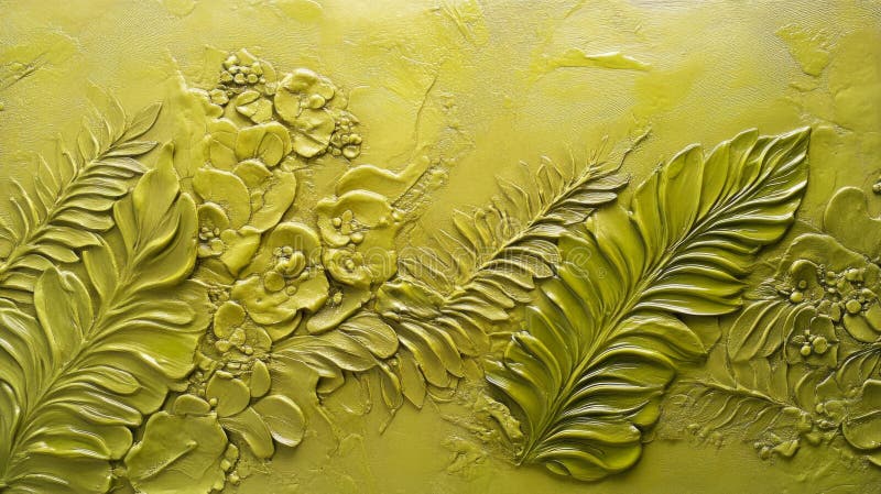 Olive Green Floral and Leaf Textured Relief Painting Stock Illustration ...