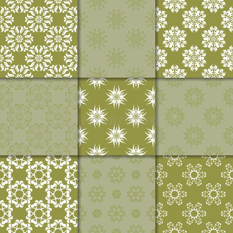 Olive Green Floral Ornaments. Collection of Seamless Patterns Stock ...