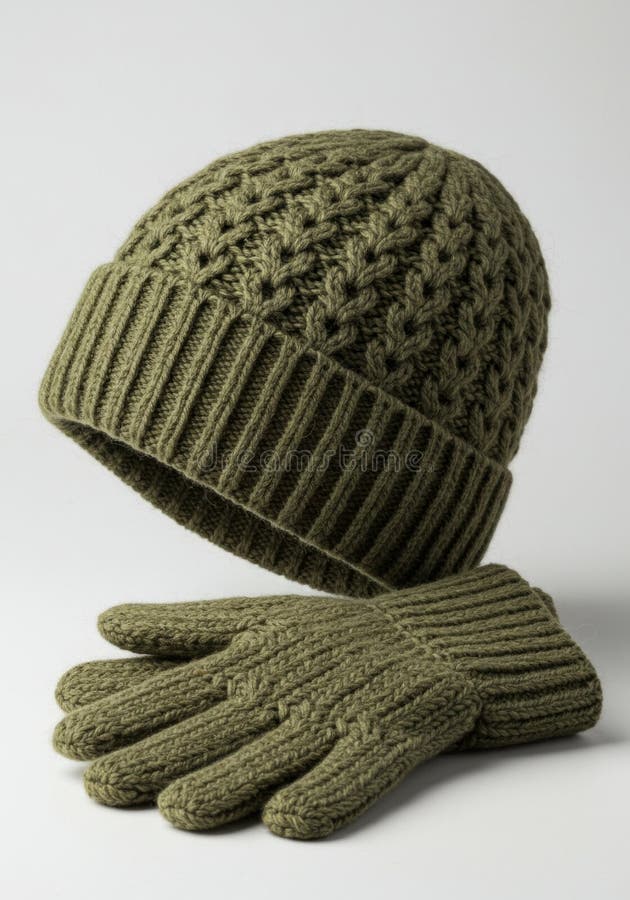 Olive Green Knitted Hat and Gloves Set Stock Illustration ...