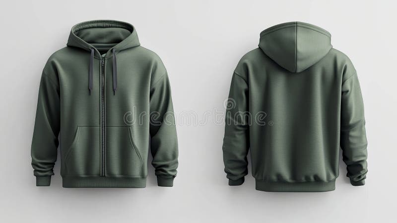 Olive Green Zipper Hoodie Mockup, Front and Back View on White ...