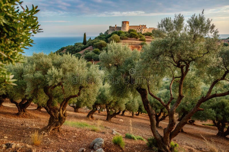 Olive Grove on the Island of Greece. Plantation of Olive Trees. Stock ...