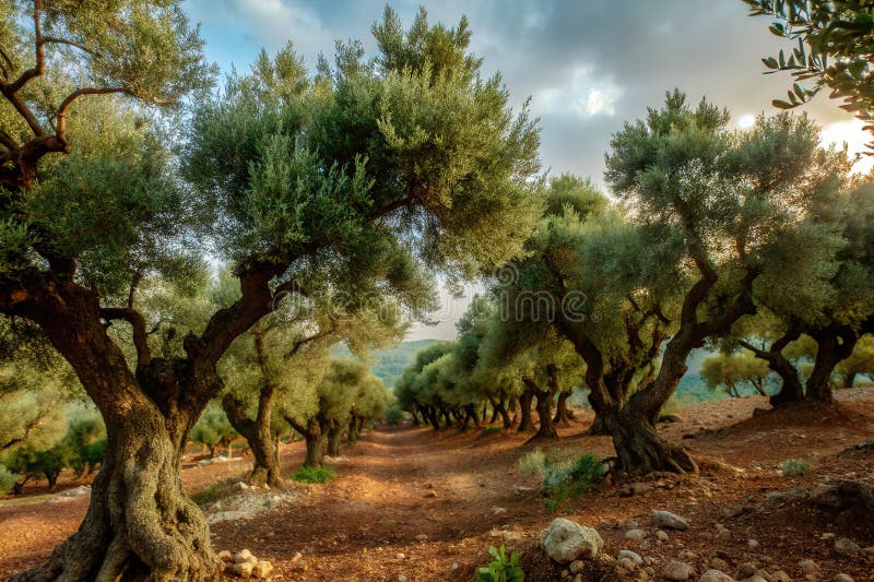 Olive Grove on the Island of Greece. Plantation of Olive Trees. Stock ...