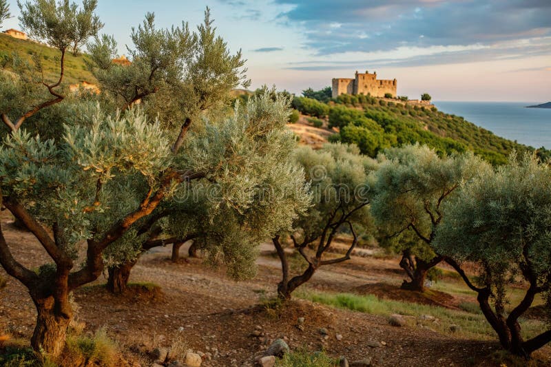Olive Grove on the Island of Greece. Plantation of Olive Trees. Stock ...