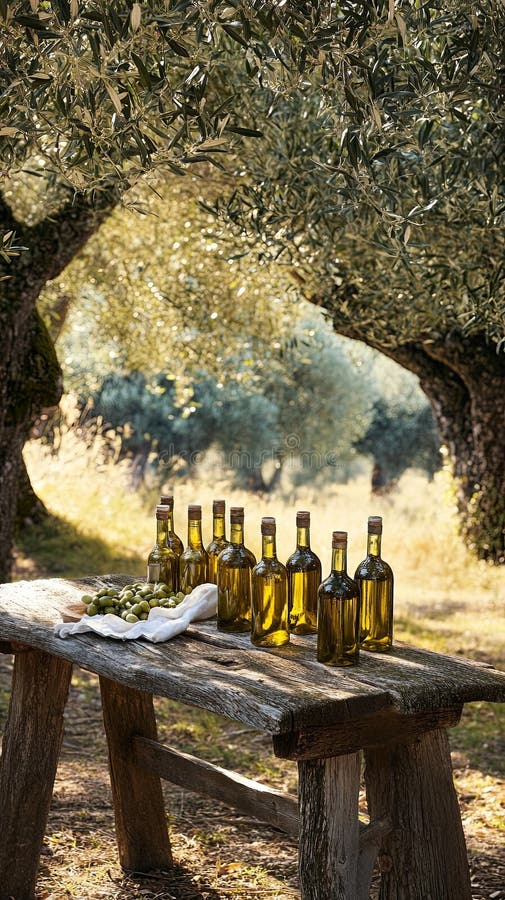 An Olive Grove with a Rustic Table Displaying Bottles of Fresh Olive ...
