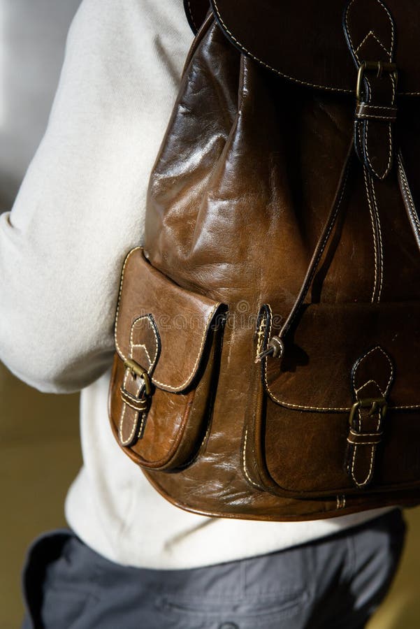 Olive Leather Oldfashioned Backpack on a Mans Back Stock Photo - Image ...