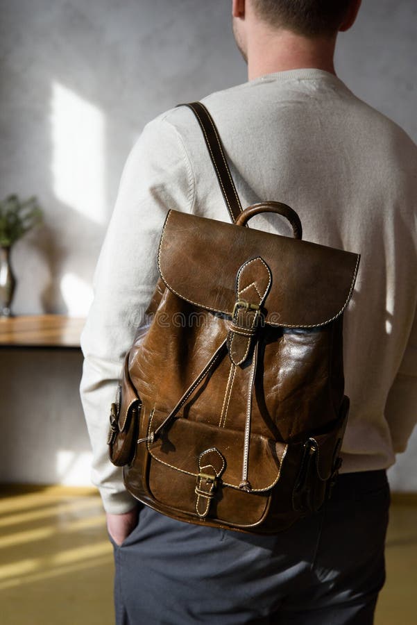 Olive Leather Oldfashioned Backpack on a Mans Back Stock Image - Image ...
