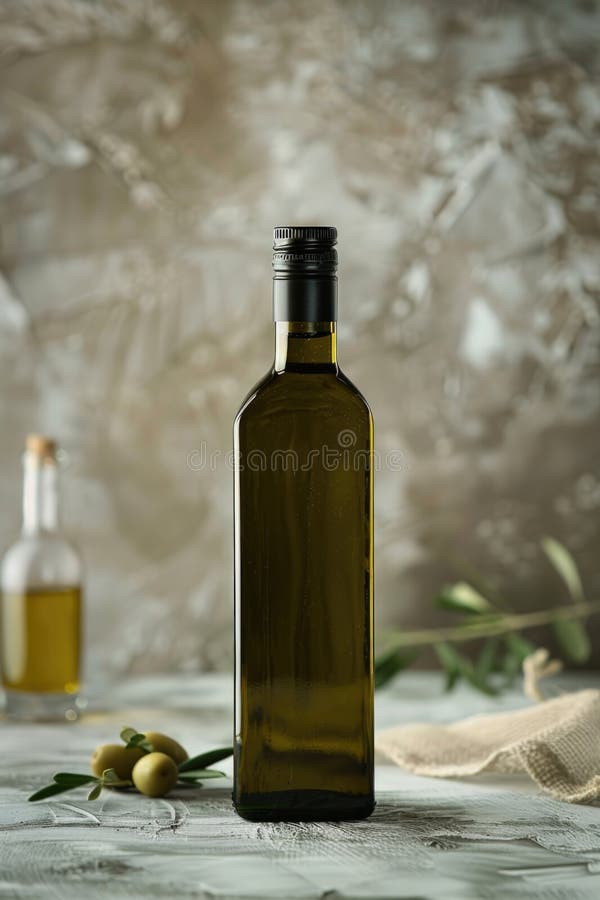 Olive Oil Bottle with Fresh Bay Leaves on Rustic Background Stock Photo ...