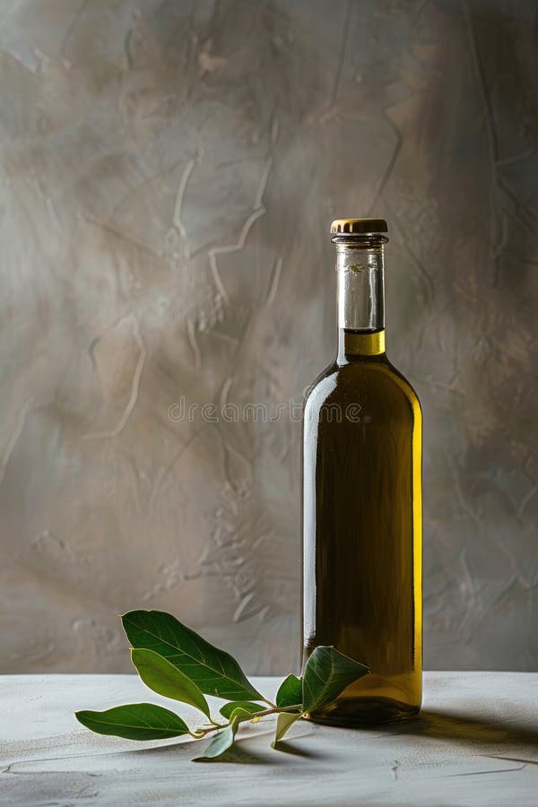 Olive Oil Bottle with Fresh Bay Leaves on Rustic Background Stock Photo ...